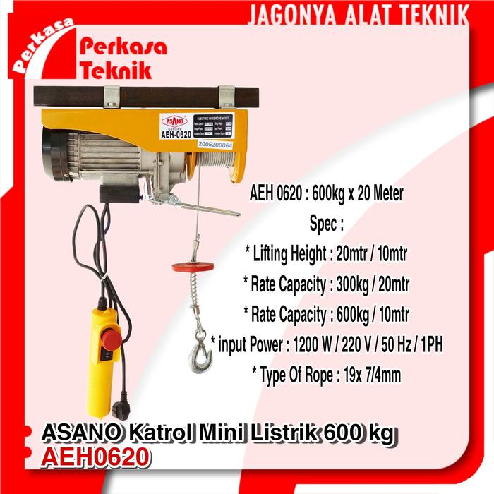 Jual Electric Hoist ASANO AEH0620 Katrol Mini Listrik 600 kg Wire Rope ...