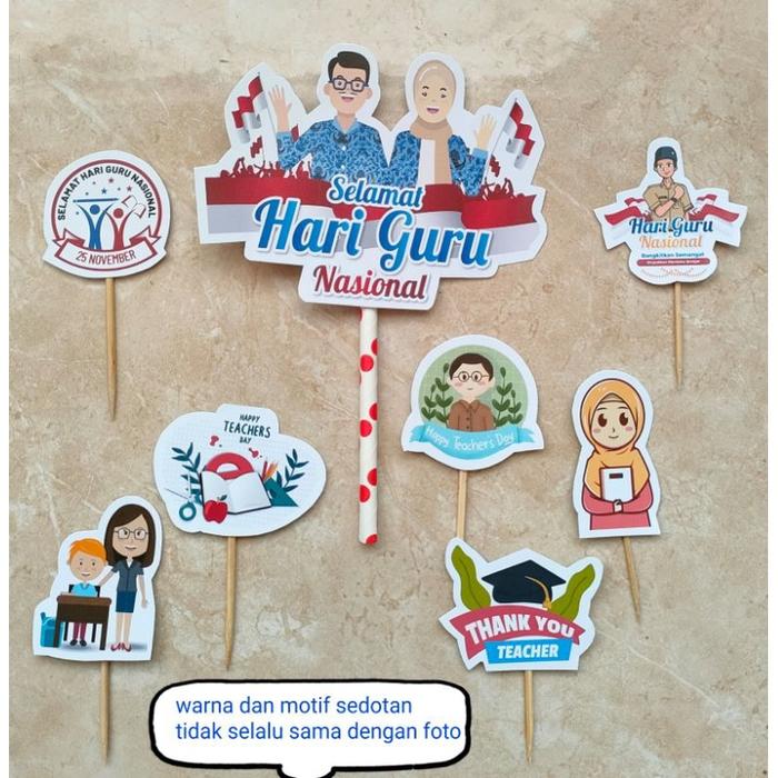Jual isi 8 cake topper hiasan kue tema Selamat Hari Guru Happy Teacher ...