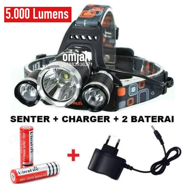 Jual Paket Senter Kepala Headlamp 3 LED Cre XML-T6 5000 Lumens Camping ...
