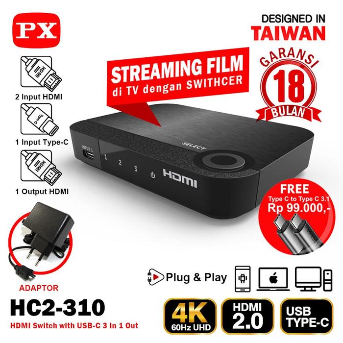 Jual HDMI Switcher Converter USB Type C 4K UltraHD 3 in 1 out PX HC2-310 - Jakarta Pusat - Werna ...