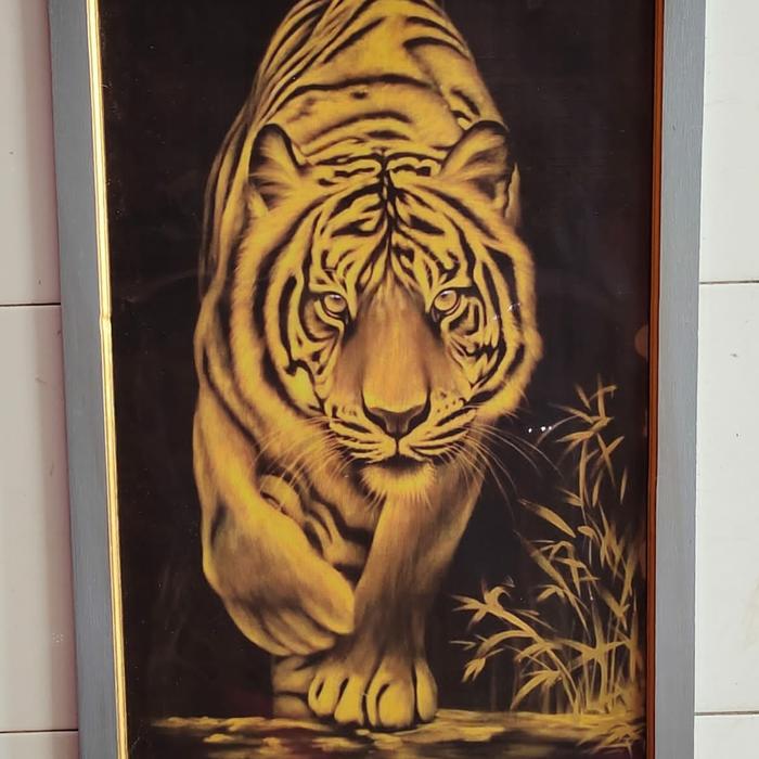 Jual hiasan dinding lukisan cetak macan emas plus bingkai ukuran 85×55 ...