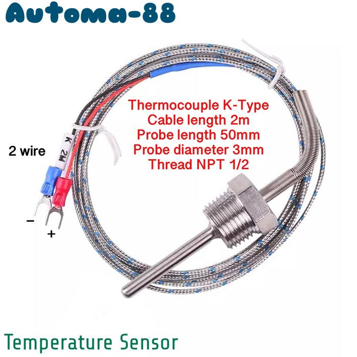 Jual Sensor suhu Thermocouple Type-K 2 wire NPT 1/2 50mm 5cm kabel 2m ...