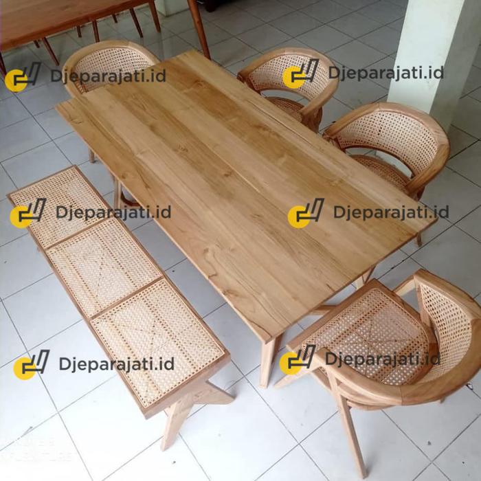 Jual Meja makan minimalis 4 kursi 1 bangku bench rotan kayu jati minimalis - Kab. Jepara ...
