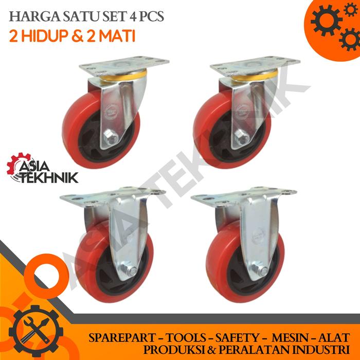 Jual 1 Set 4 Pcs (2 Hidup 2 Mati) Roda Troli PU Merah 4 Inch - Jakarta ...