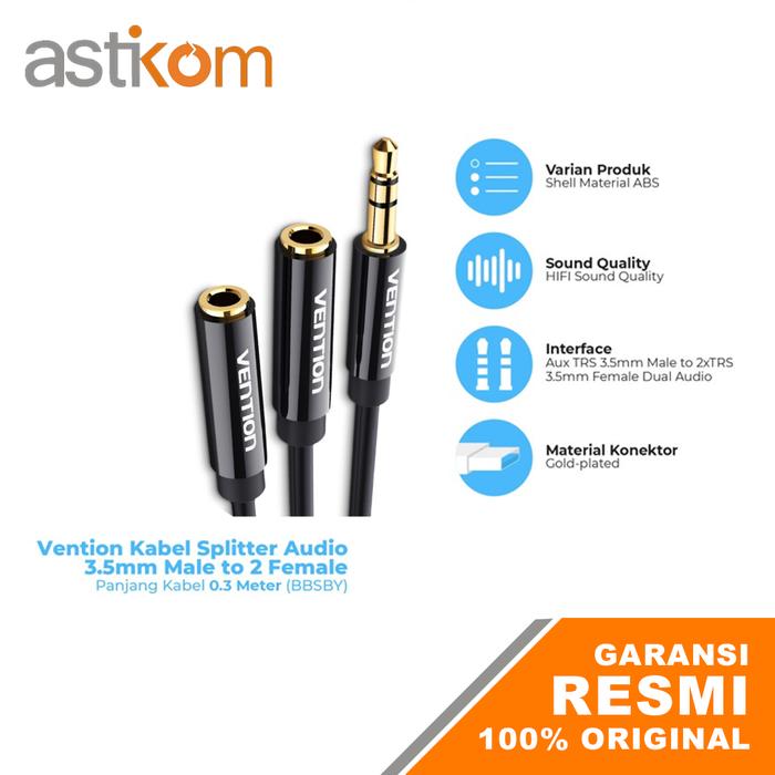 Jual Kabel Splitter Audio Vention Jack AUX 3.5mm Male to 2 Female BBSBY ...