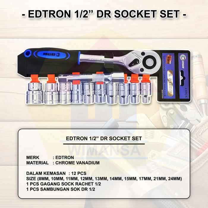 Jual EDTRON 1/2 INCH DR SOCKET SET CHROME VANADIUM - KUNCI SOCK RACHET ...
