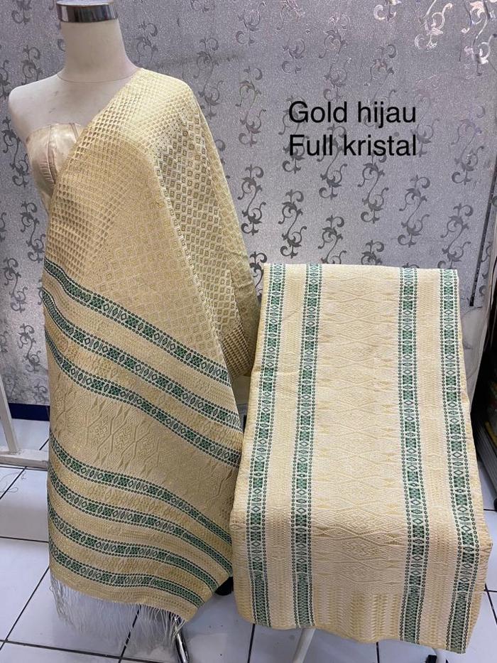 Jual Songket Tumtuman Kain Tenun Warna Gold Hijau Full Kristal - Kota ...