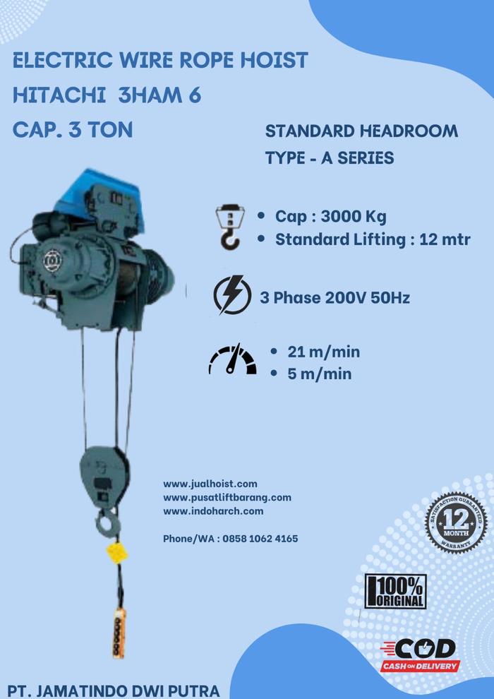 Jual ELECTRIC WIRE ROPE HOIST HITACHI 3HAM6 CAP. 3 TON (TYPE - A SERIES ...