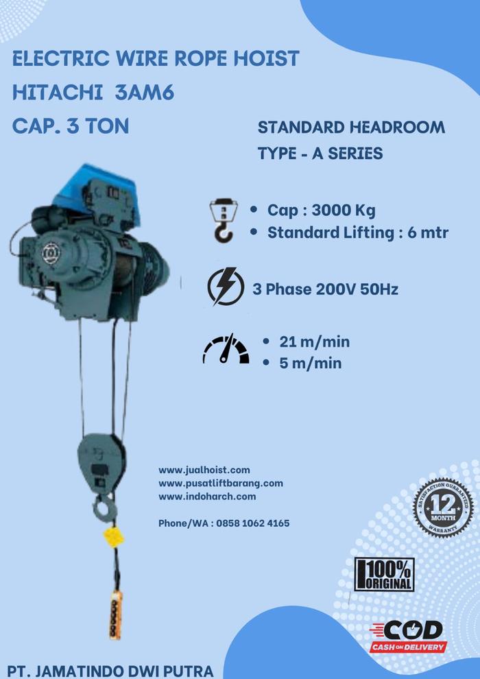 Jual ELECTRIC WIRE ROPE HOIST HITACHI 3AM 6 CAP. 3 TON (TYPE - A SERIES ...