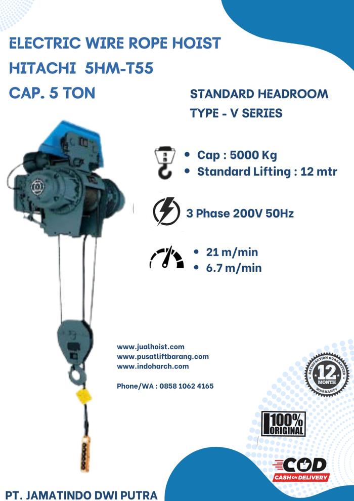 Jual ELECTRIC WIRE ROPE HOIST HITACHI 5HM-T55 CAP. 5 TON (TYPE - V SERIES) - Kab. Tangerang ...