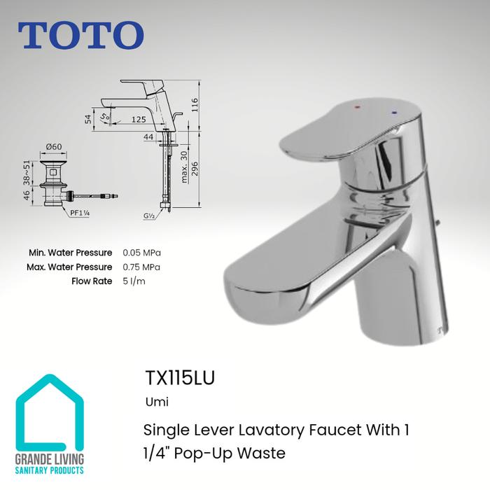 Jual TOTO Kran Wastafel Panas Dingin Afur Pop Up 1-1/4 Inch TX115LU ...