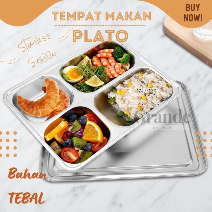 Jual Plato Food Tray tempat makan piring sekat 5 stainless dengan tutup ...