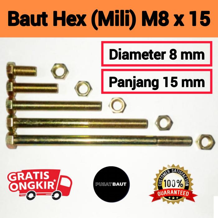 Jual M8 x 15 Baut Mur M8x15 Kuning Hex Besi Galvanis Kunci 12 Drat ...
