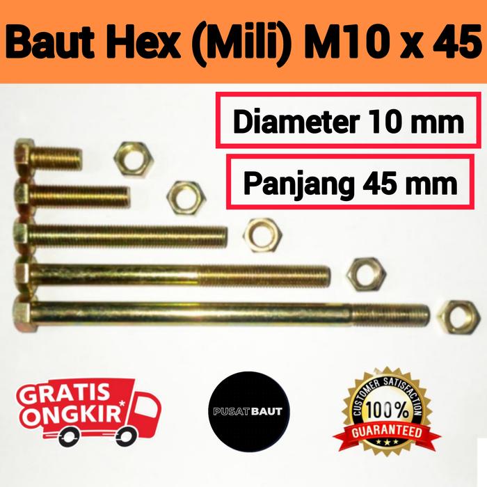 Jual M10 x 45 Baut Mur M10x45 Kuning Hex Besi Galvanis Kunci 14 Drat ...