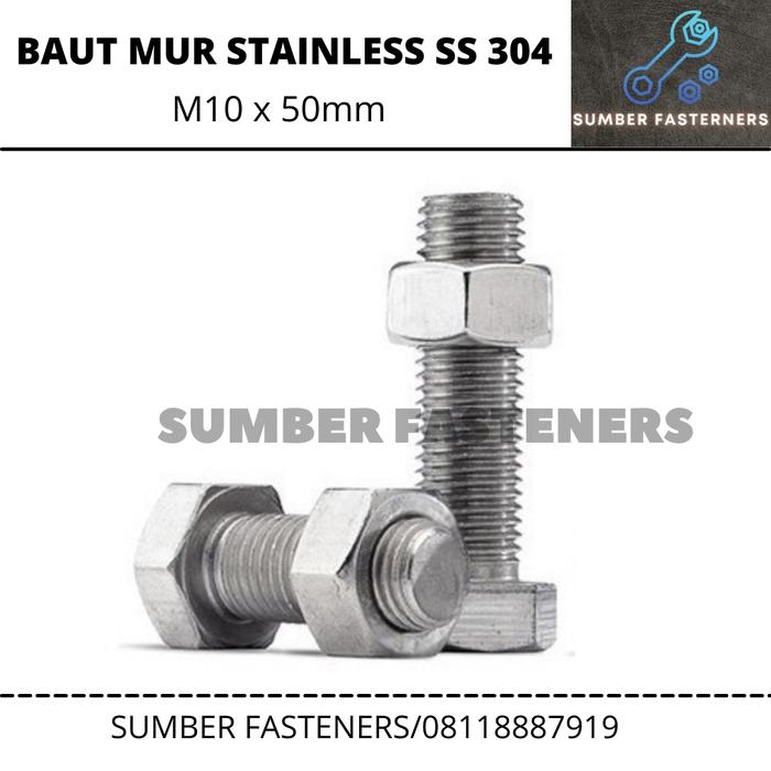 Jual Baut dan Mur / Baut Hexagonal M10x50mm Stainless SS304 Anti Karat ...