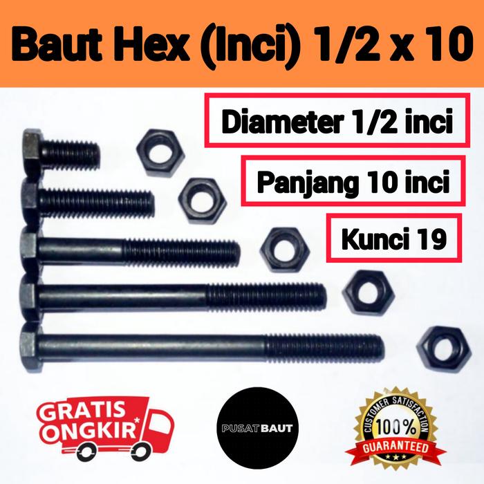 Jual Baut Mur 1/2 x 10 Baut 19 Baut Kunci 19 Baut Inci Hex Besi Drat Kasar - Kota Medan ...
