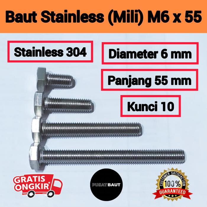 Jual Baut Mur M6 x 55 Stainless 304 Baut 10 Baut Kunci 10 M6x55 Drat Halus - Kota Medan ...