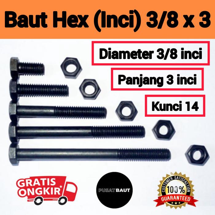 Jual Baut Mur 3/8 x 3 Baut 14 Baut Mur Kunci 14 Hex Baja 8.8 UNC Drat ...