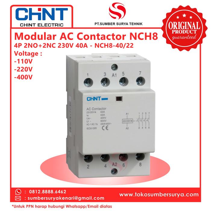 Jual Modular AC Contactor NCH8-40/22 4P 2NO+2NC 40A 110V 220V 400V ...