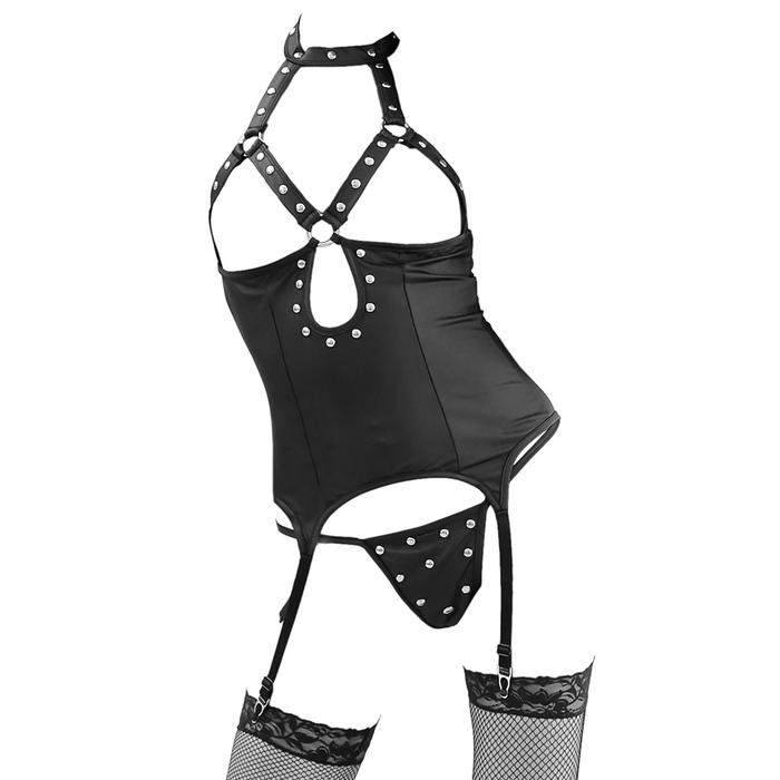 Jual L0515 Baju Tidur Dinas Malam Bustier Open Cup Latex Garter Stocking Jakarta Pusat