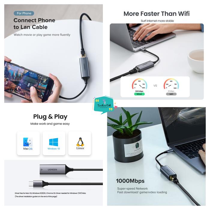 Jual Ugreen Type C To Lan Ethernet Adapter Rj45 Gigabit Network 1000 ...