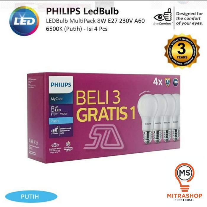 Jual Lampu Philips LED [PACK] Bulb 8W E27 6500K 230V MYCARE ( PROMO ...