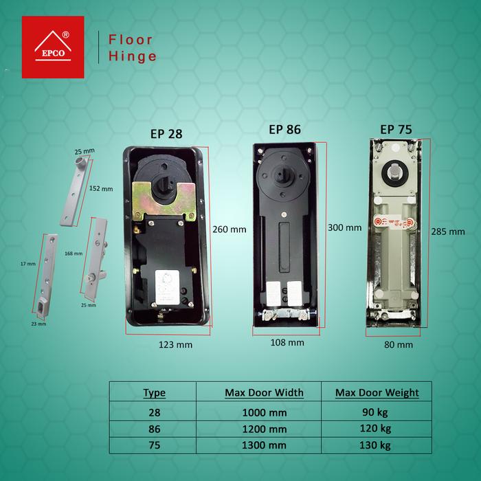 Jual EPCO FLOOR HINGE/ENGSEL TANAM PINTU KACA & ALUMINIUM EP75 BODY ...