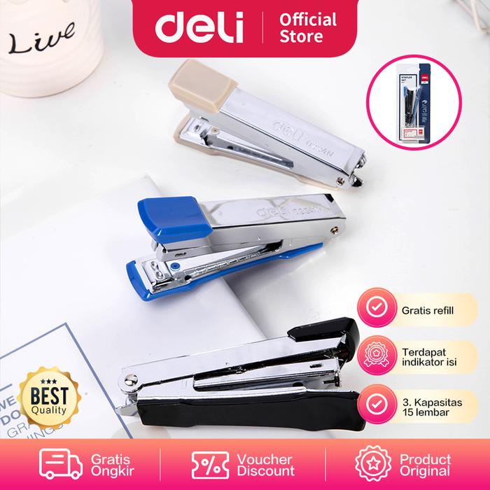 Jual Deli Stapler / Stepler Steples Jepretan 15 Lembar Gratis Refill ...