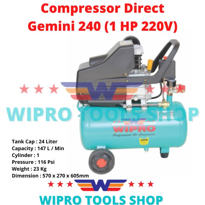 Jual Kompresor Angin Listrik Air Compressor Direct Gemini 240 1HP WIPRO ...