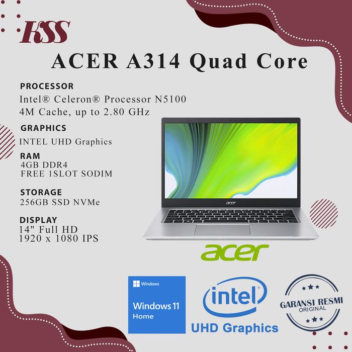 Jual Laptop Acer Aspire 3 Slim A314-35-C80W Celeron N5100 4GB 256GB ...
