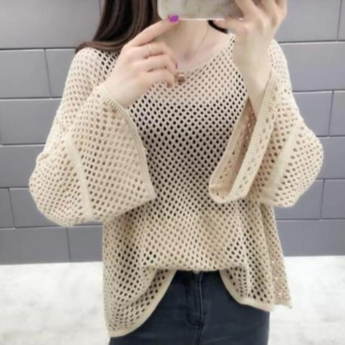 Jual outer knit rajut jaring pantai wanita baju blouse transparan ...