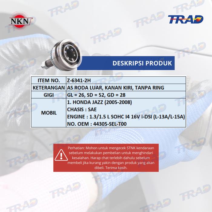 Jual CV Joint AS Roda Luar NKN Honda Jazz gen 1, 2, Fit - GEN 1 Z-6341 ...