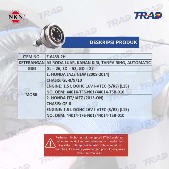 Jual CV Joint AS Roda Luar NKN Honda Jazz gen 1, 2, Fit - GEN 2 Z-6433 ...