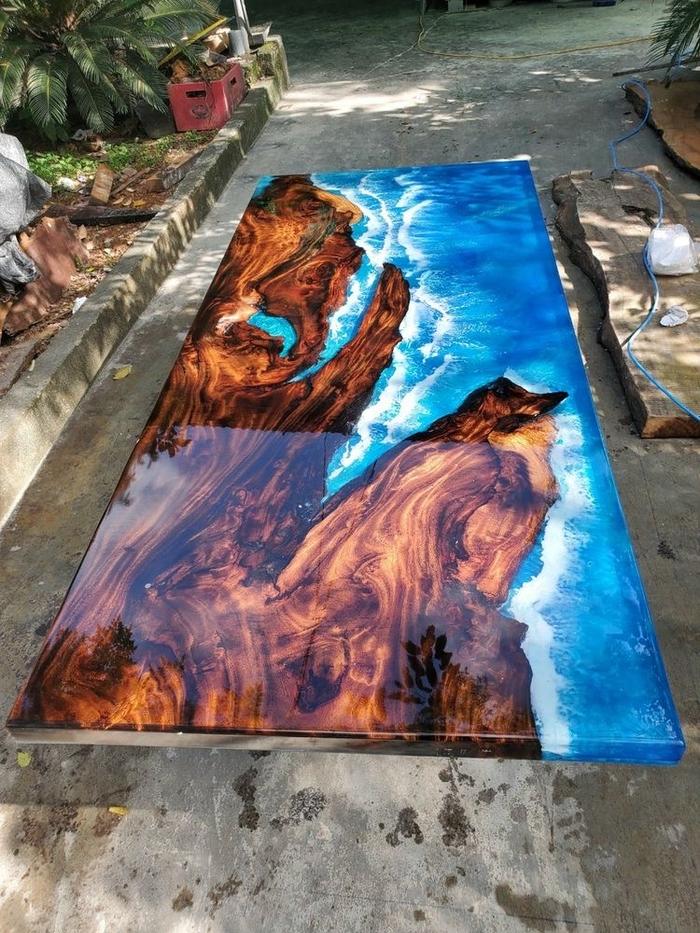 Jual Meja makan resin motif pantai / meja makan resin kayu suar / meja ...