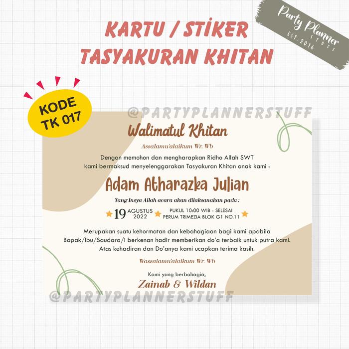 Jual Kartu stiker ucapan tasyakur khitan anak / walimatul khitanan anak - TK 017, KARTU 15X10CM ...