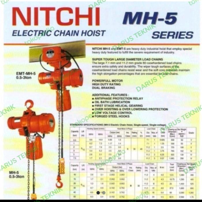 Jual Electric Chain Hoist NITCHI 2 ton x 6 meter original Japan tipe MH ...