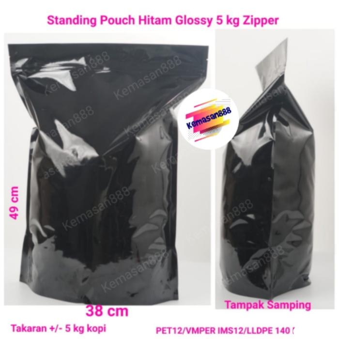 Jual Standing Pouch Hitam Glossy 5 kg Zipper. kemasan kopi 5 kg.flat ...