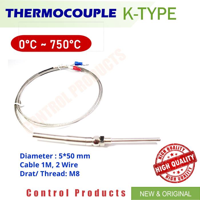 Jual Sensor Thermocouple Type K Probe 50mm kabel 1m 0-750 deg C ...