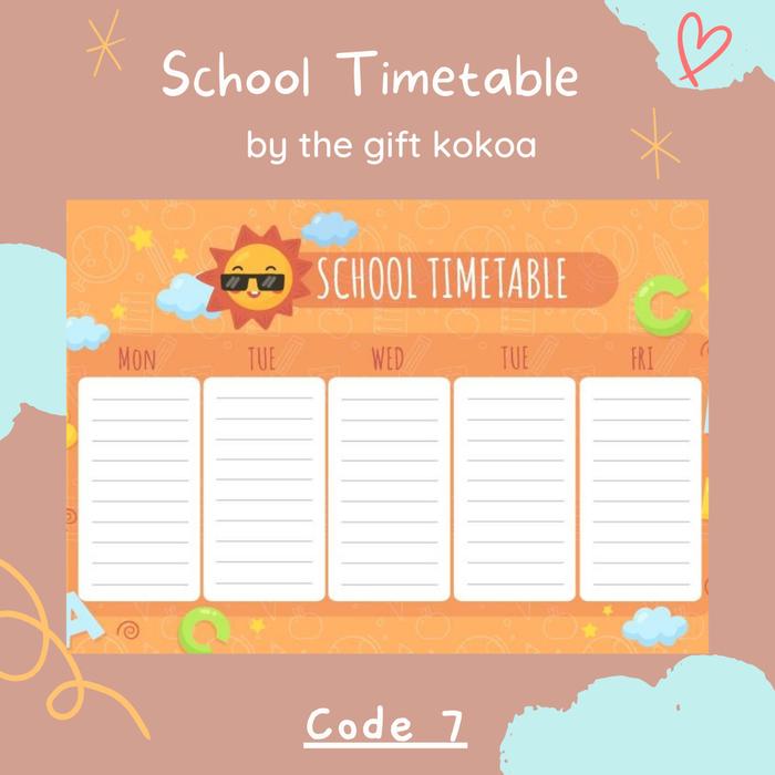 Jual Cetak Jadwal Pelajaran Anak / School Time Table - design 1, Kertas ...