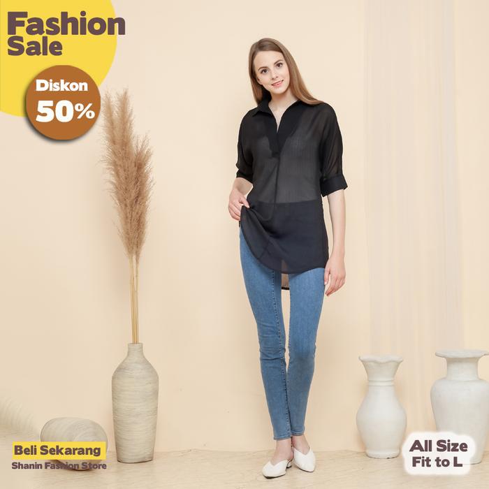 Jual Baju Kemeja Hem Atasan Hitam Transparan Wanita Polos Korea Import ...