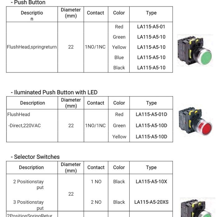 Jual Push Button LA115-A5-01. 22 mm. Flush Head Spring return. 1NO/1NC - Kota Surabaya ...