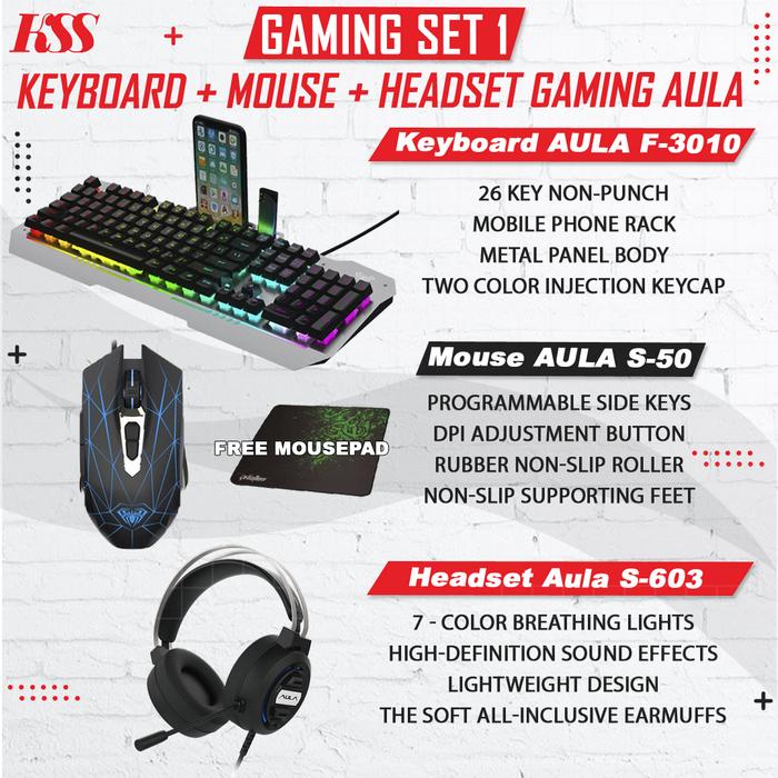 Jual [Gaming SET 1] AULA Keyboard F3010, Mouse S50 + Headset S603 RGB ...