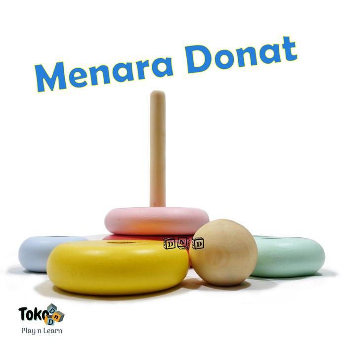 Jual Mainan Edukasi Anak Menara Donat Kayu Pelangi Donut Tower Stacking ...