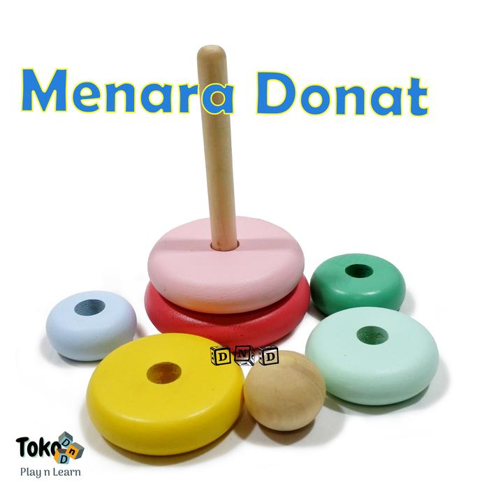 Jual Mainan Edukasi Anak Menara Donat Kayu Pelangi Donut Tower Stacking ...
