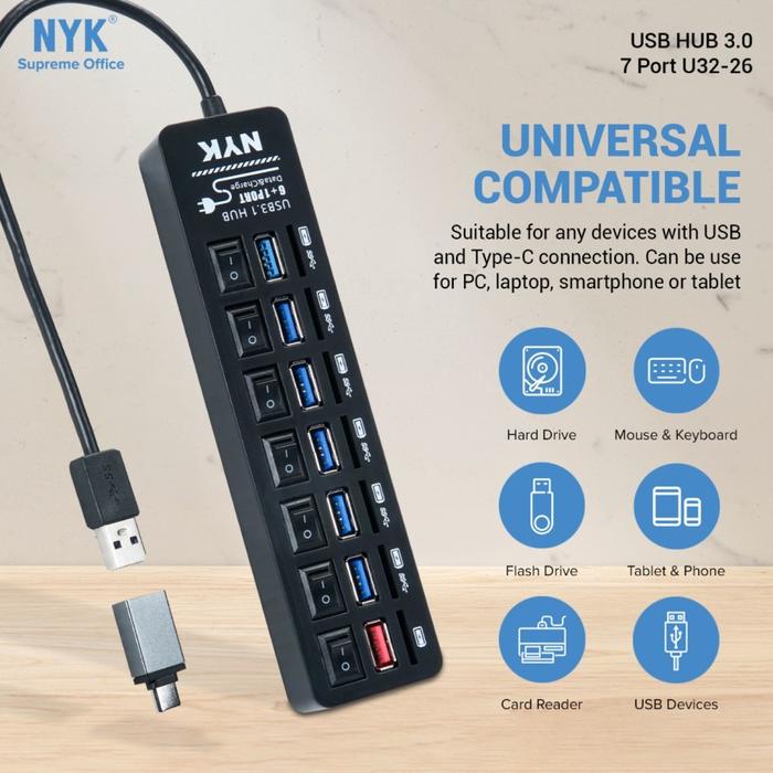 Jual Usb 3.0 hub nyk 7 port switch on off 5Gbp free otg type-c u32-26 ...