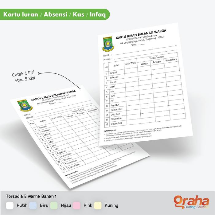 Jual Custom Kartu Iuran/Absensi/Les/Kas/Infaq – Cetak Full Color atau ...