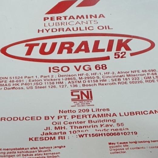 Jual OLI PELUMAS TURALIK 52 ISO VG 68 Oli pelumas Hidraulic Drum 209 Liter - Jakarta Barat ...