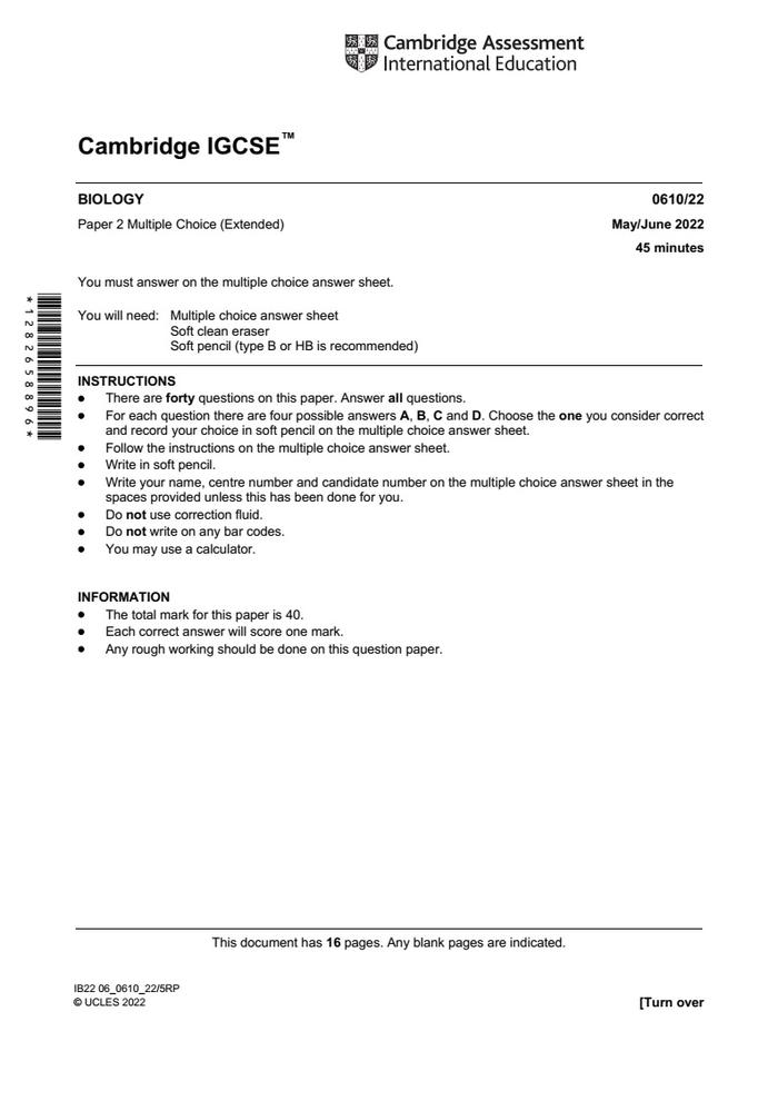 Jual IGCSE Biology 0610 2022 extended May/Jun past papers mark schemes ...