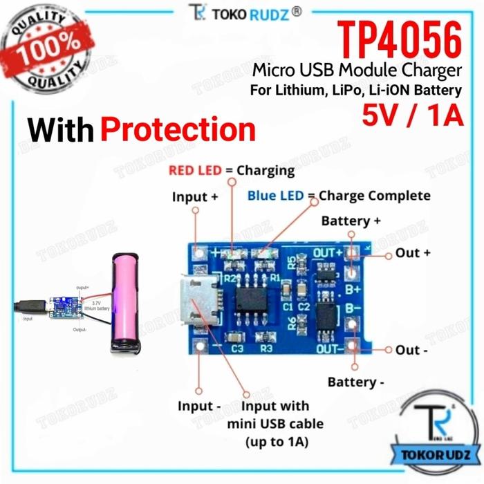 Jual TP4056 Micro USB 1A 5V Protect Modul Charger Baterai Lithium Cas ...