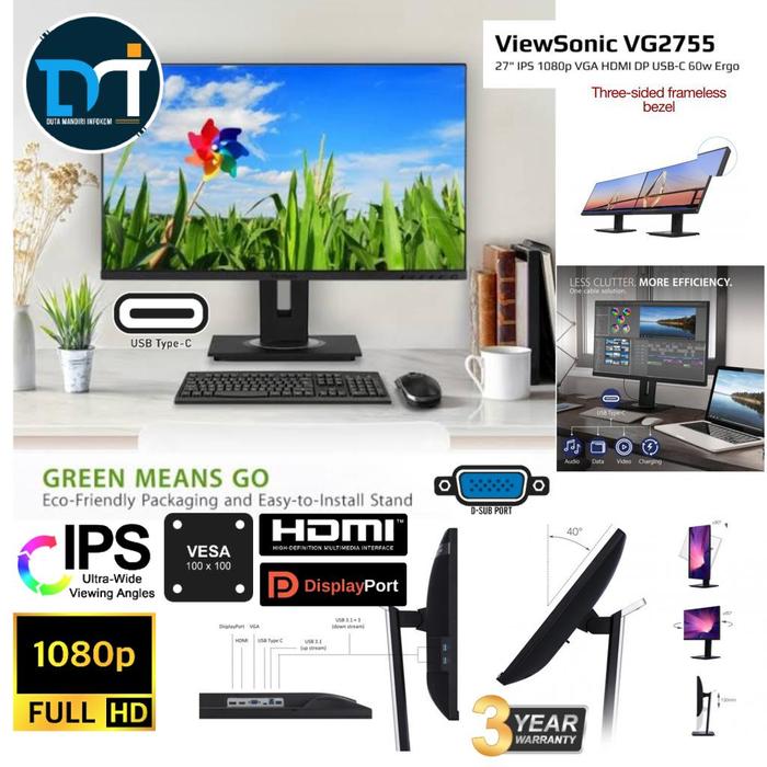 Jual Viewsonic VG2755 27" Inch - FHD IPS HDMI DP VGA USB-C 60w Ergo ...
